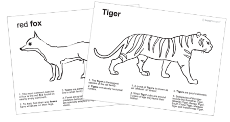 Color in worksheets with animal facts • Happythought
