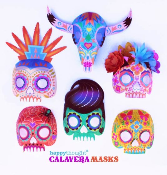 Printable calavera skull mask set. Download 9 easy DIY mask templates!