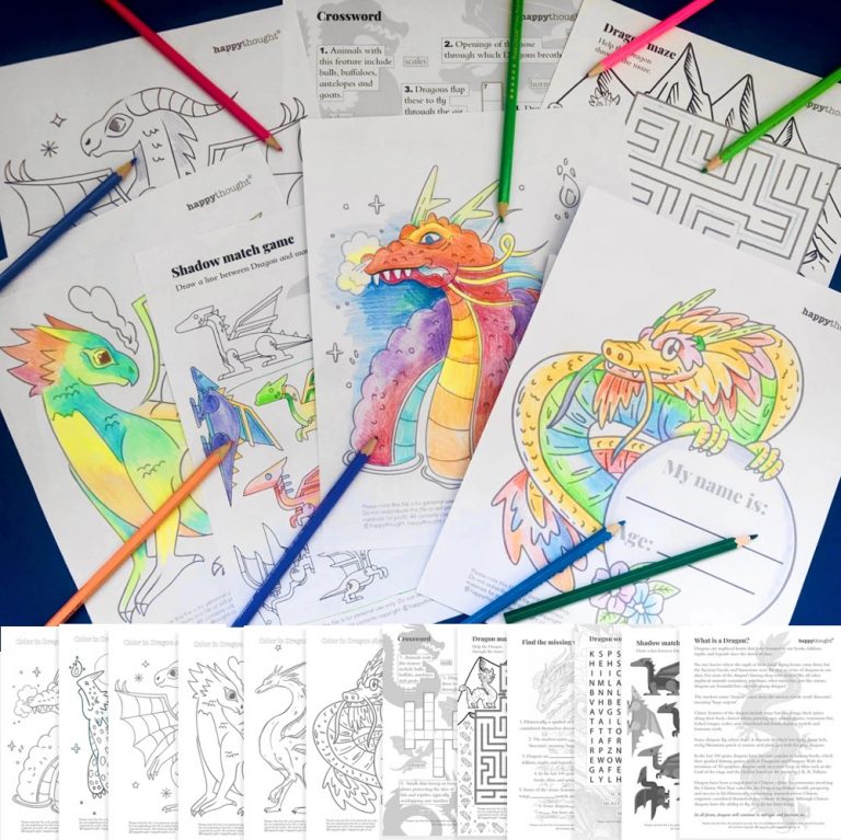 Dragon color-in activity worksheets: Ideal for Parties and Crafts