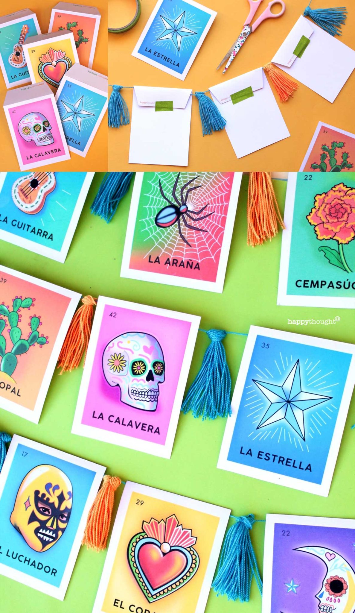 Day of the Dead Lotería garland and cards. Lucky • Happythought