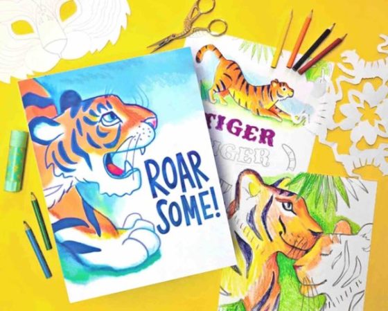 Tiger colour in and activity pages. Get crafty • Happythought